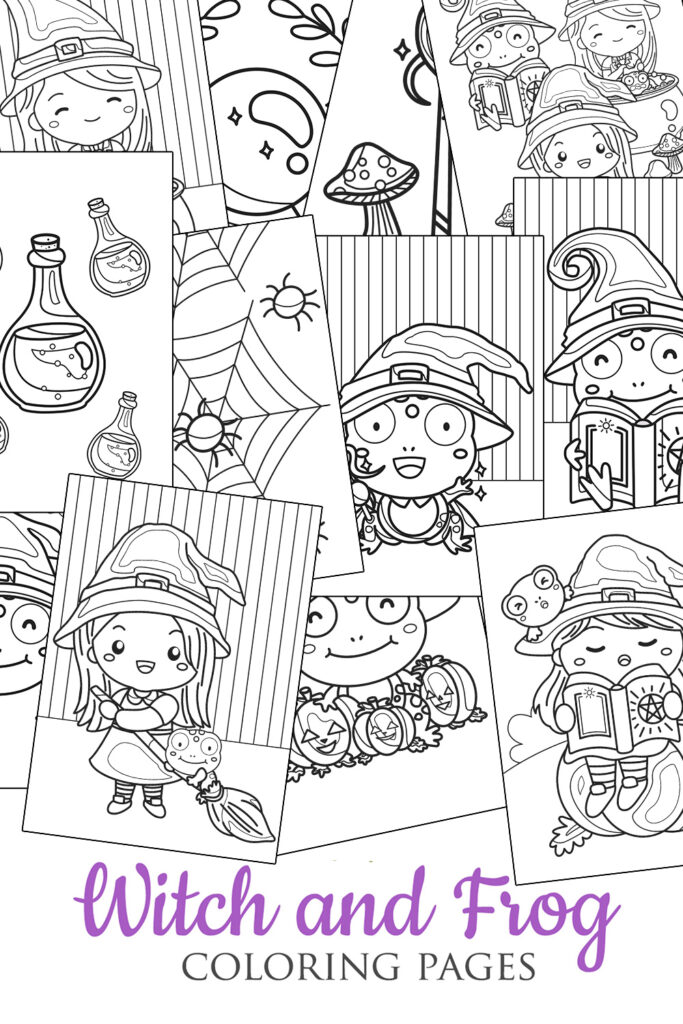 Cute Halloween Kids Witch Costume and Frog Animal Cartoon Coloring for ...