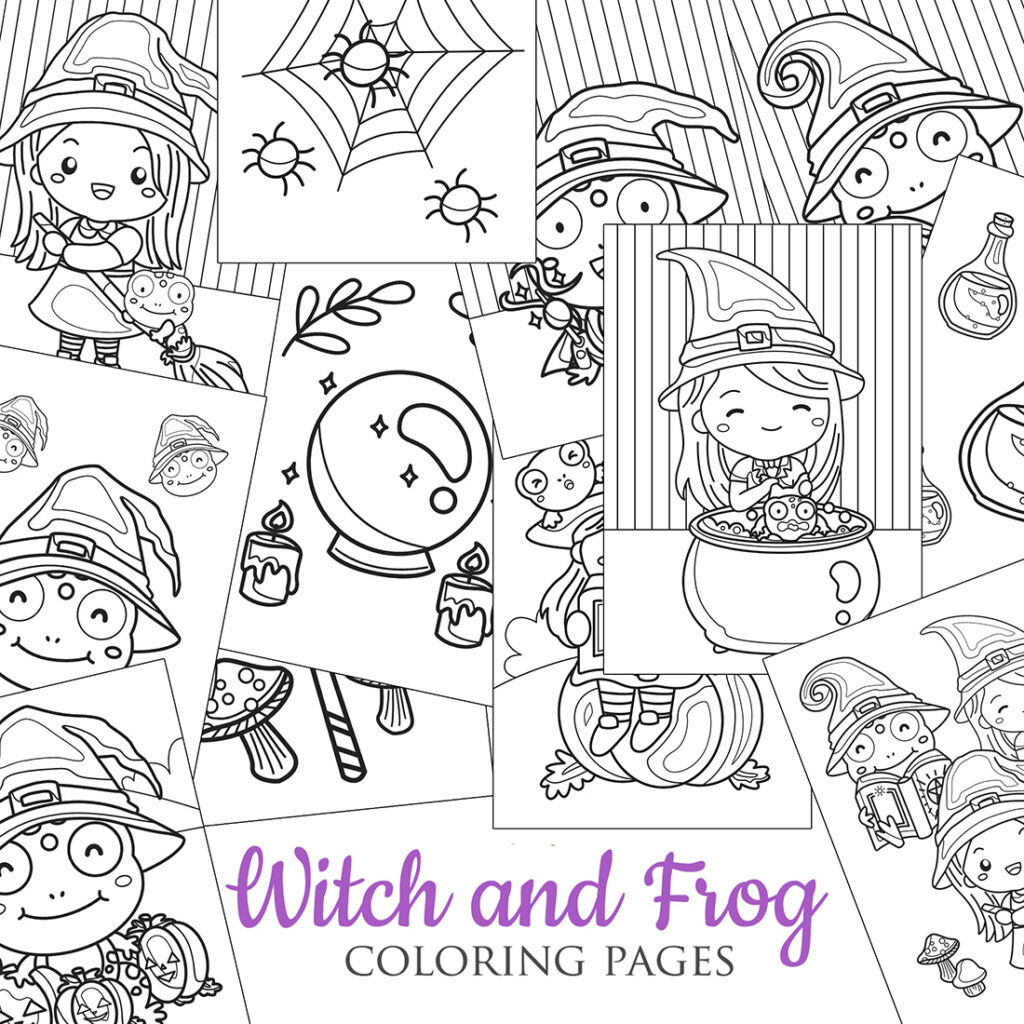 Cute Halloween Kids Witch Costume and Frog Animal Cartoon Coloring for ...