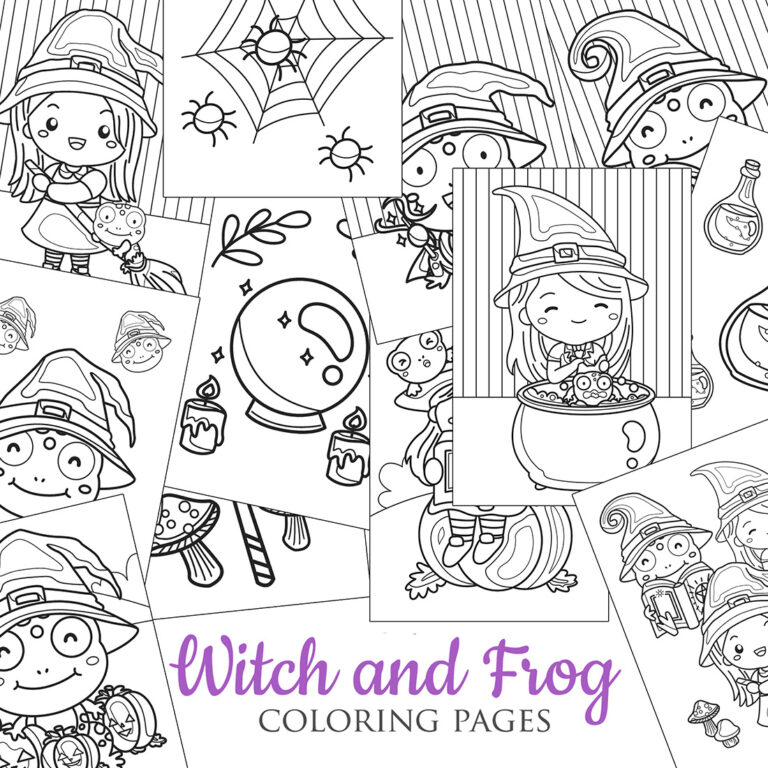 Cute Halloween Kids Witch Costume and Frog Animal Cartoon Coloring for ...