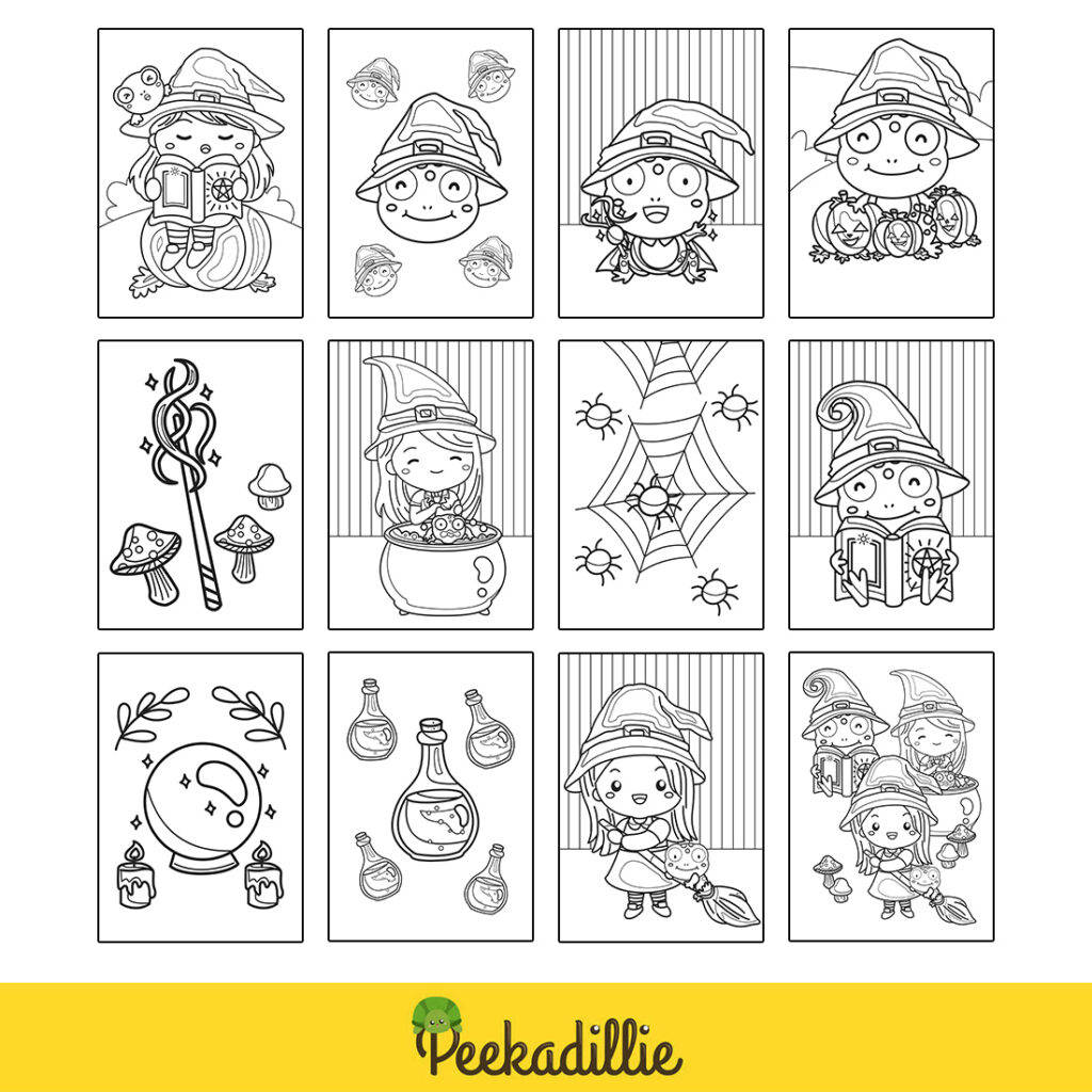 Cute Halloween Kids Witch Costume and Frog Animal Cartoon Coloring for ...