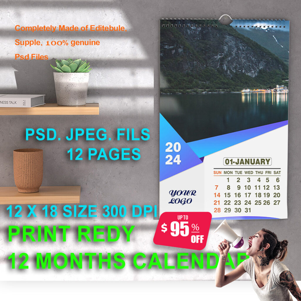 2024 Printable Jpeg Psd Wall Calendar 12 Page Pack - MasterBundles