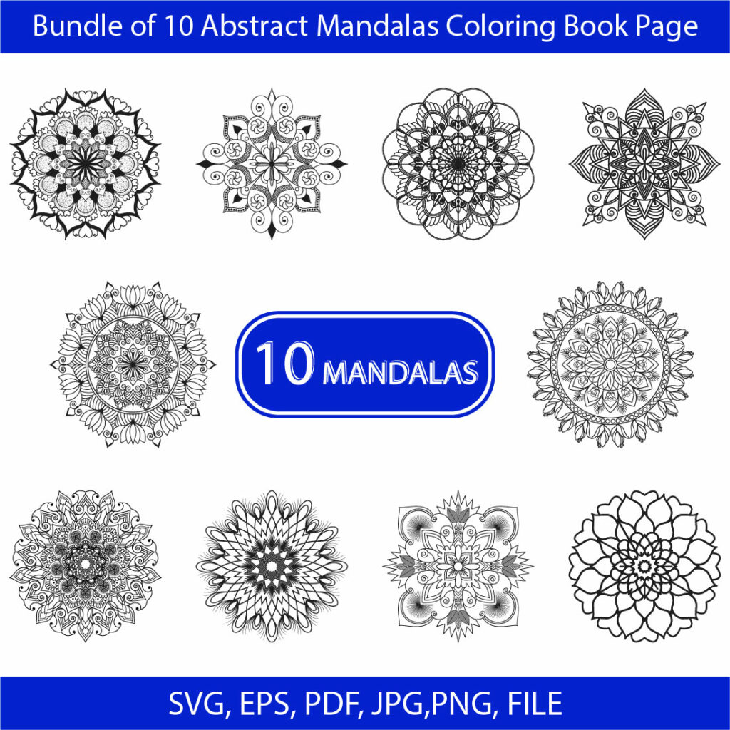 Bundle of 10 Abstract Mandala Coloring Book Page - MasterBundles