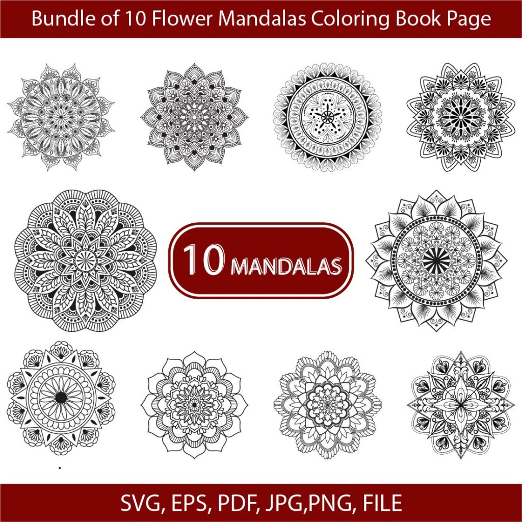 Bundle of 10 Flower Mandalas Coloring Book Page - MasterBundles