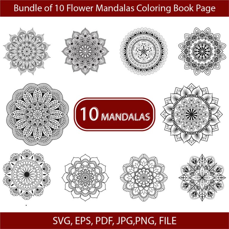 Bundle of 10 Flower Mandalas Coloring Book Page - MasterBundles