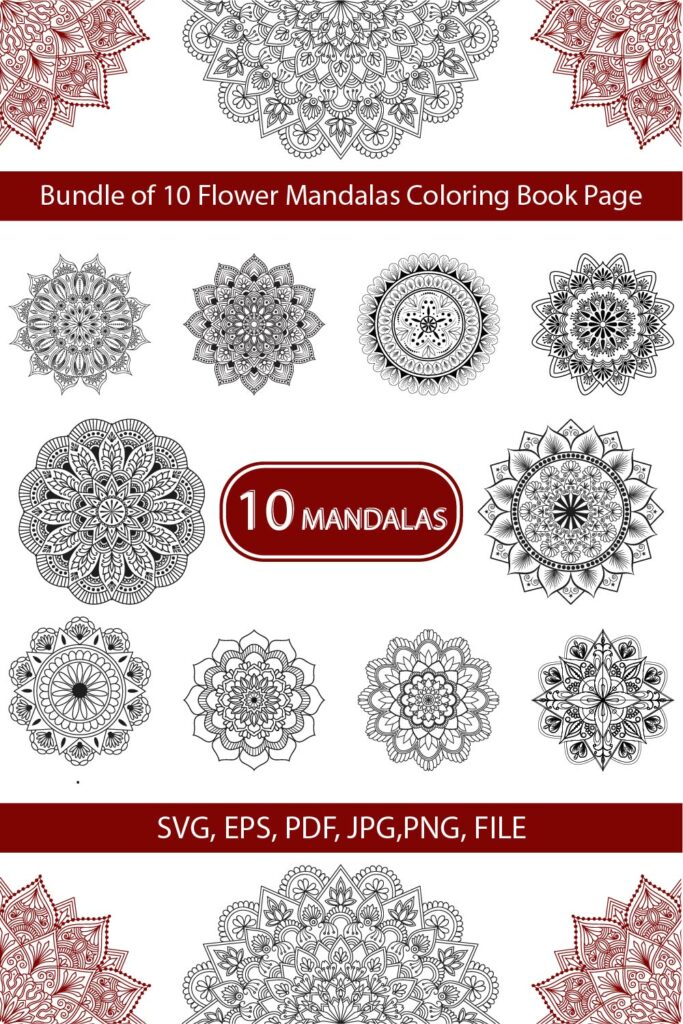 Bundle of 10 Flower Mandalas Coloring Book Page - MasterBundles