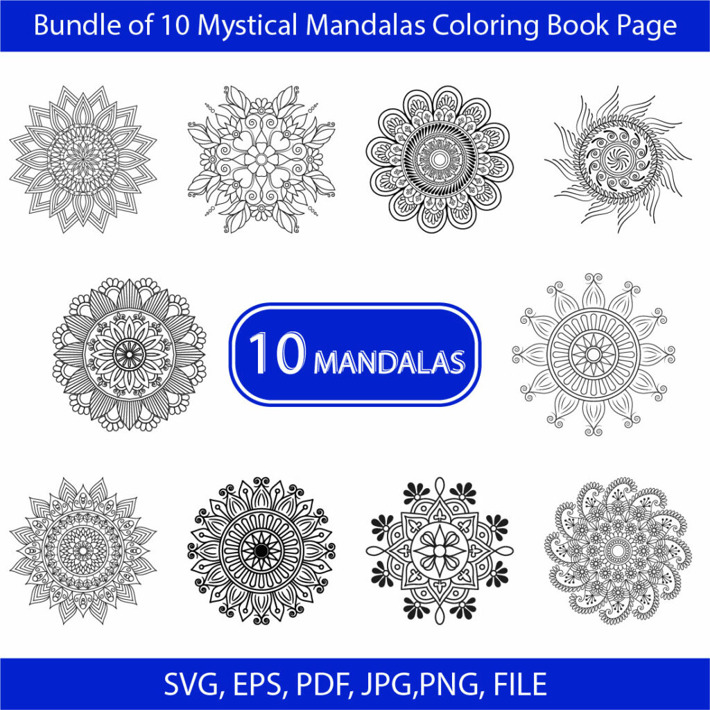 Bundle of 10 Mystical Mandalas Coloring Book Page. - MasterBundles