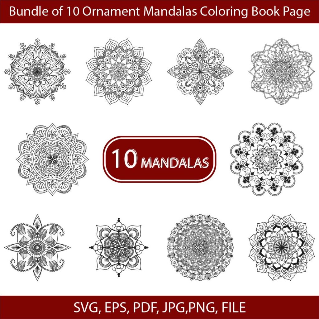 Bundle of 10 Ornament Mandalas Coloring Book Page. - MasterBundles