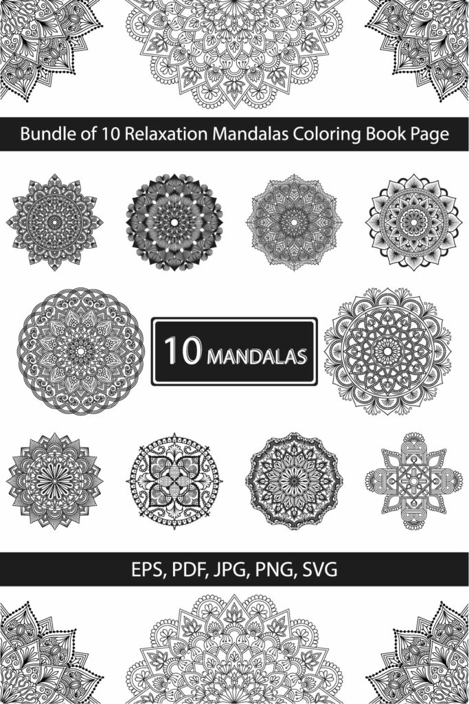 Bundle of 10 Relaxation Mandalas Coloring Book Page. - MasterBundles