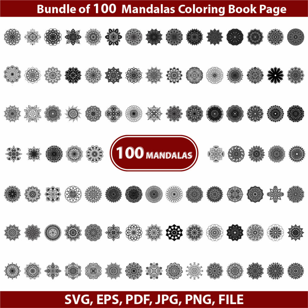 Bundle of 100 Mandalas Coloring Book Page - MasterBundles