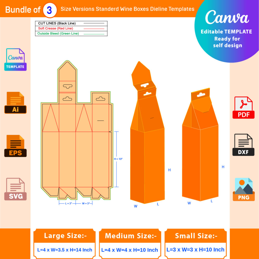 Bundle Of 3 Size Wine Boxes Dieline Template package, illustration ...