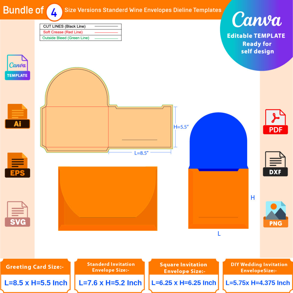 Bundle of 4 Size Invitation Envelope Dieline - MasterBundles