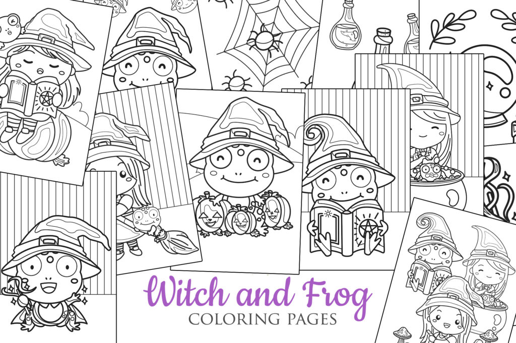 Cute Halloween Kids Witch Costume and Frog Animal Cartoon Coloring for ...