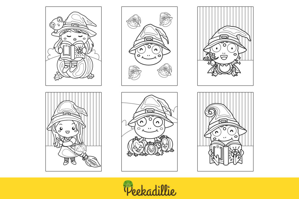 Cute Halloween Kids Witch Costume and Frog Animal Cartoon Coloring for ...