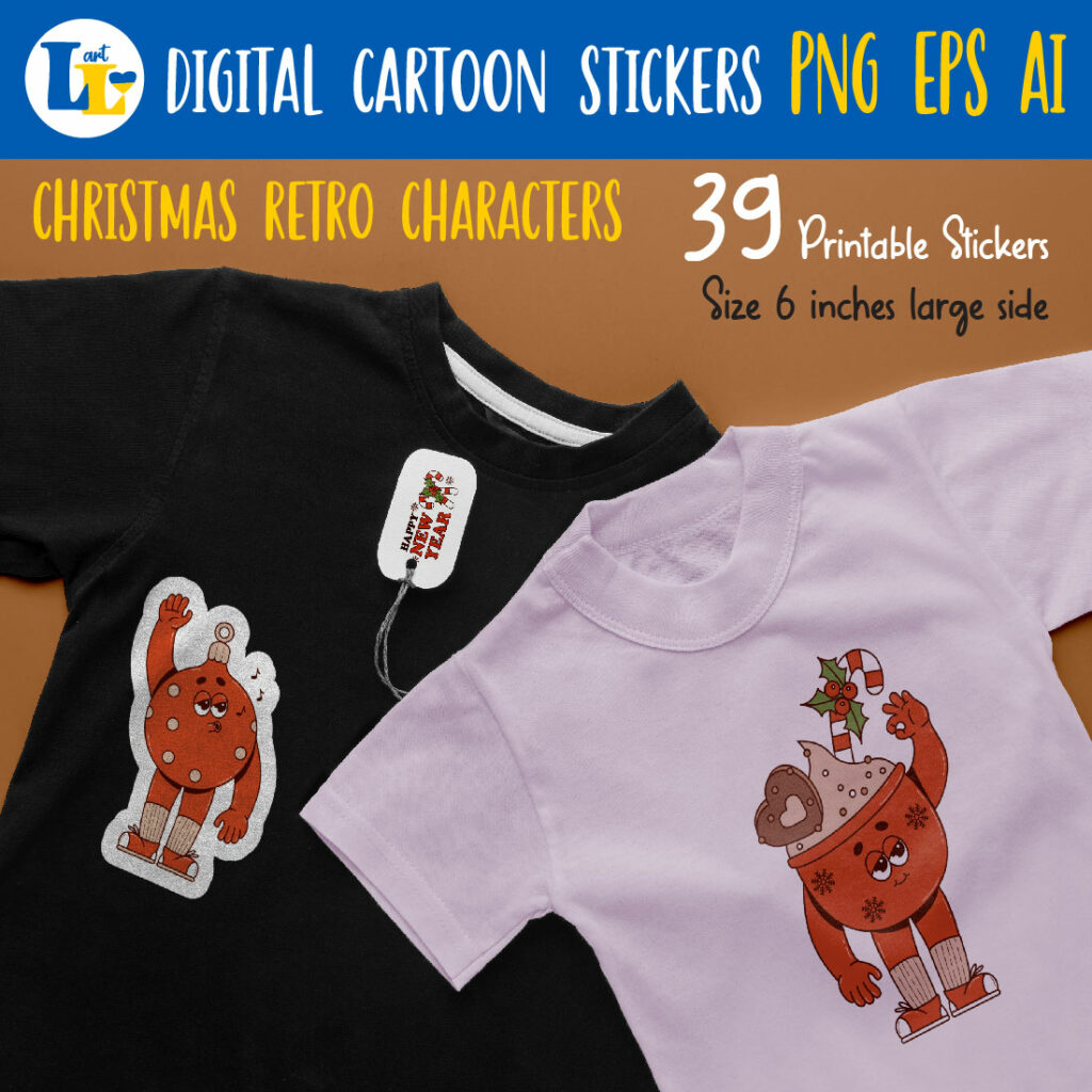 Christmas retro groovy characters| Printable digital sticker ...