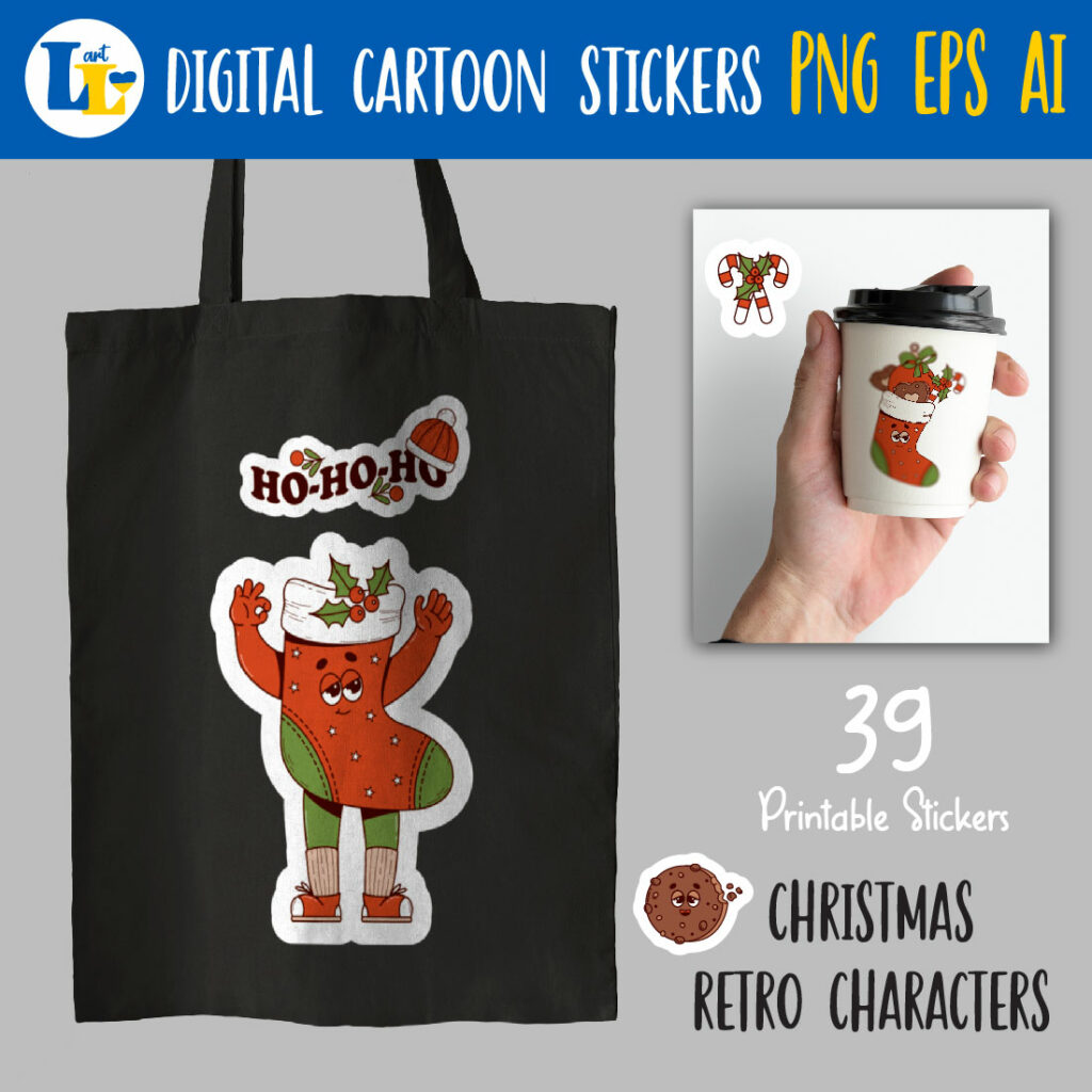 Christmas retro groovy characters| Printable digital sticker ...