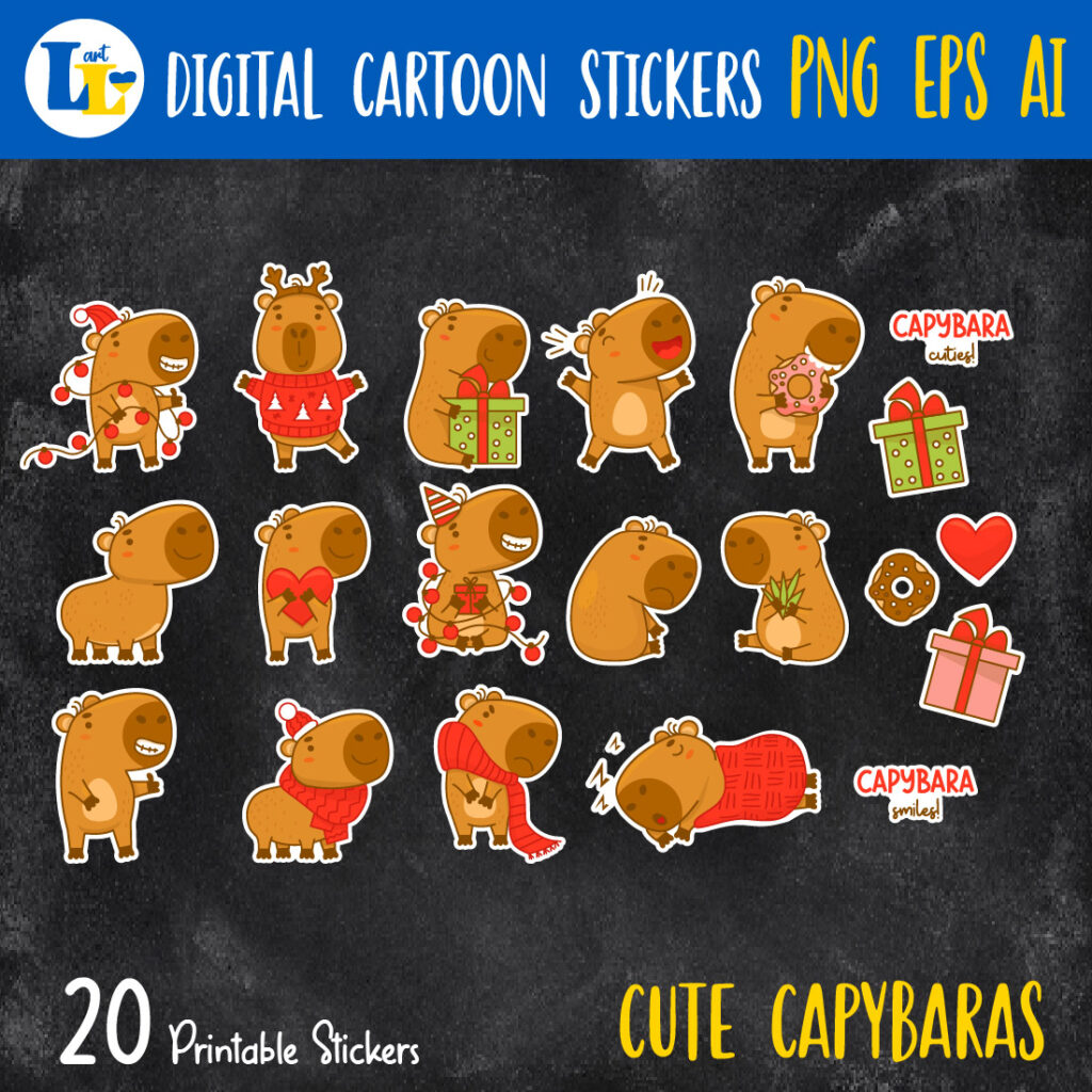 Printable digital stickers|Cute animals capybaras characters ...