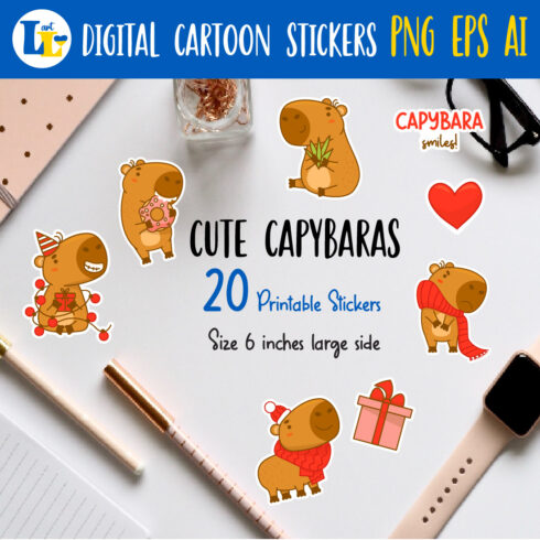 Printable digital stickers|Cute animals capybaras characters - MasterBundles
