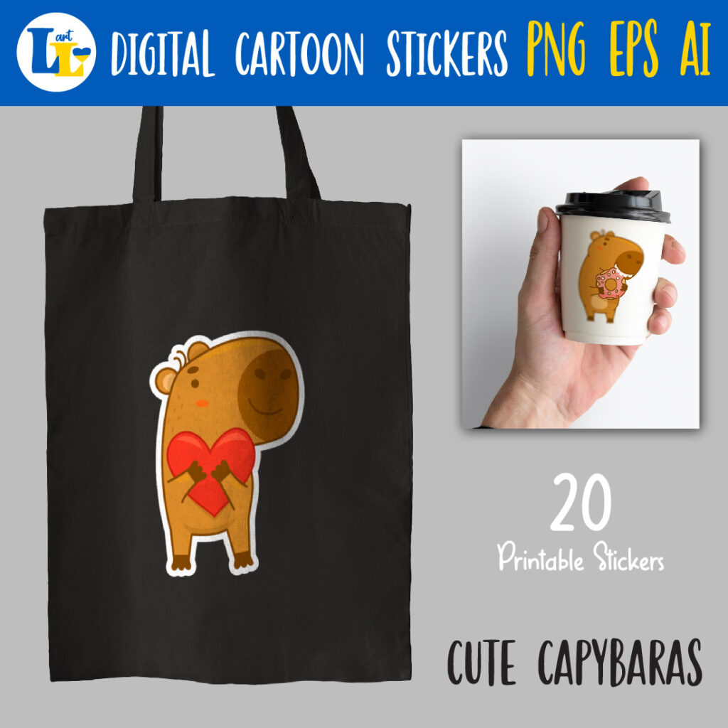 Printable digital stickers|Cute animals capybaras characters ...