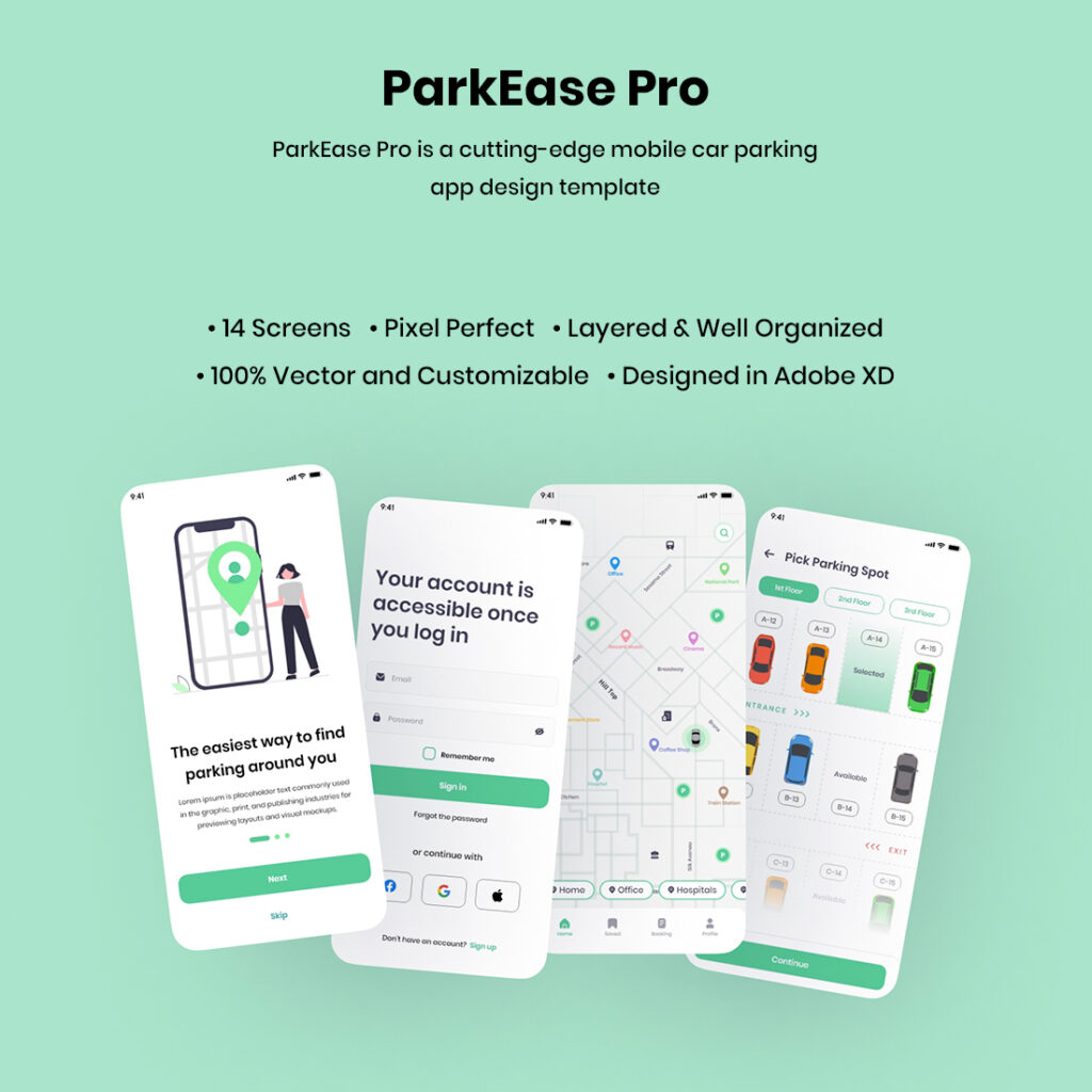 ParkEase Pro - Adobe XD Parking Finder App - MasterBundles
