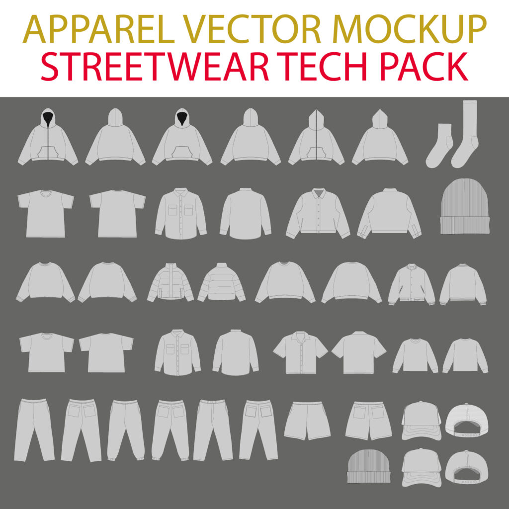 Streetwear Vector Mockup Bundle Fashion Technical Template Streetwear ...