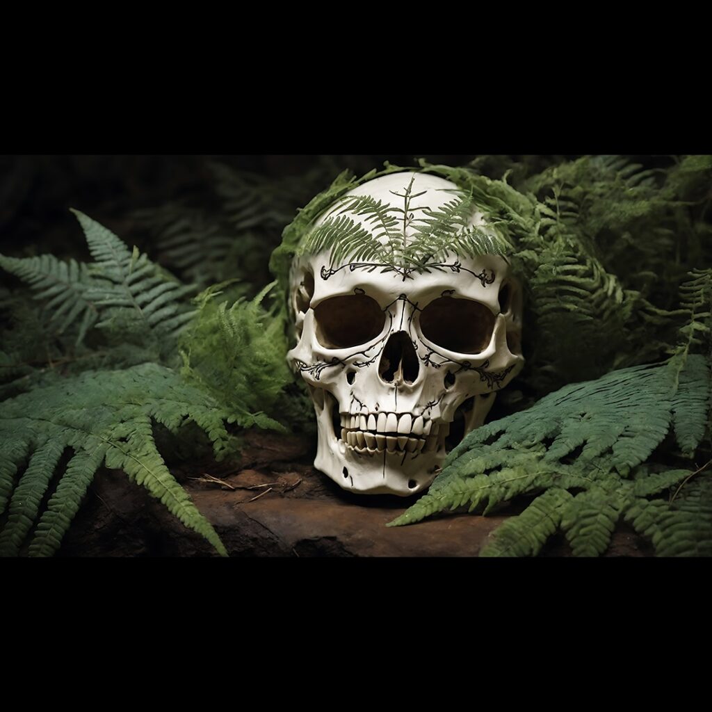 Cracked head skull skeleton posing with leaves in jungle - ai generated ...