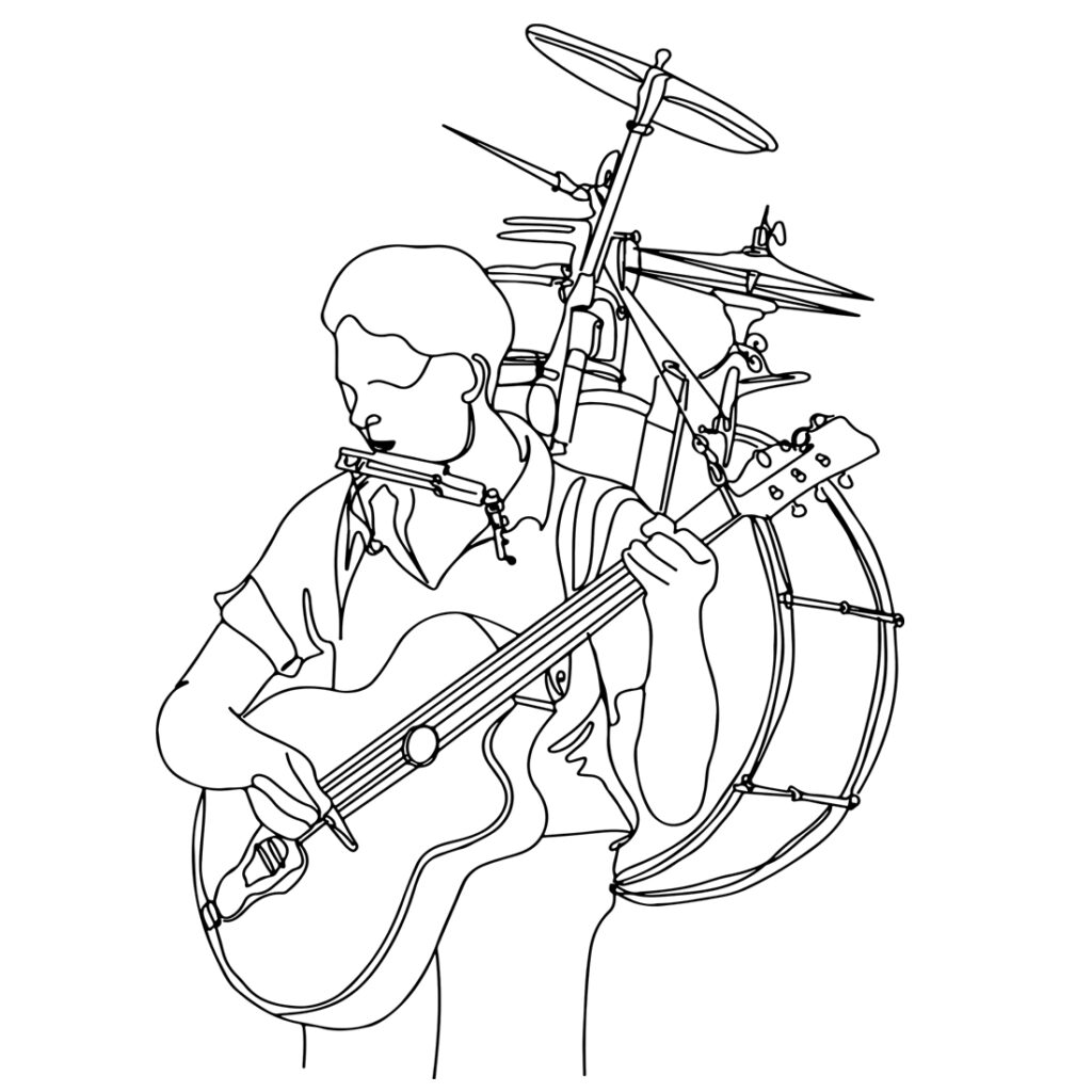 Hand-Drawn Cartoon: Musical One-Man Band Street Performance, Street ...