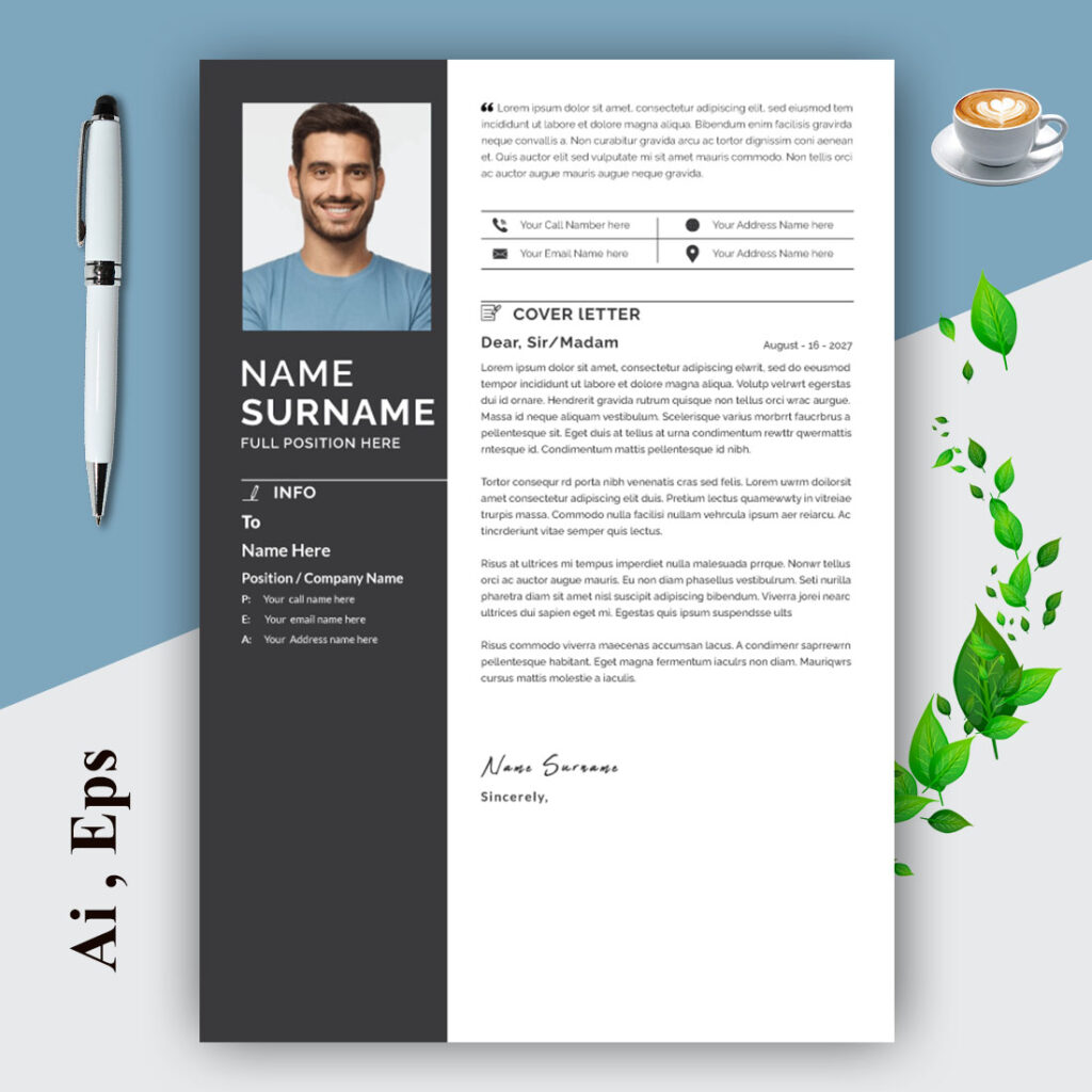 Resume CV Layout with Black & White Accents - MasterBundles