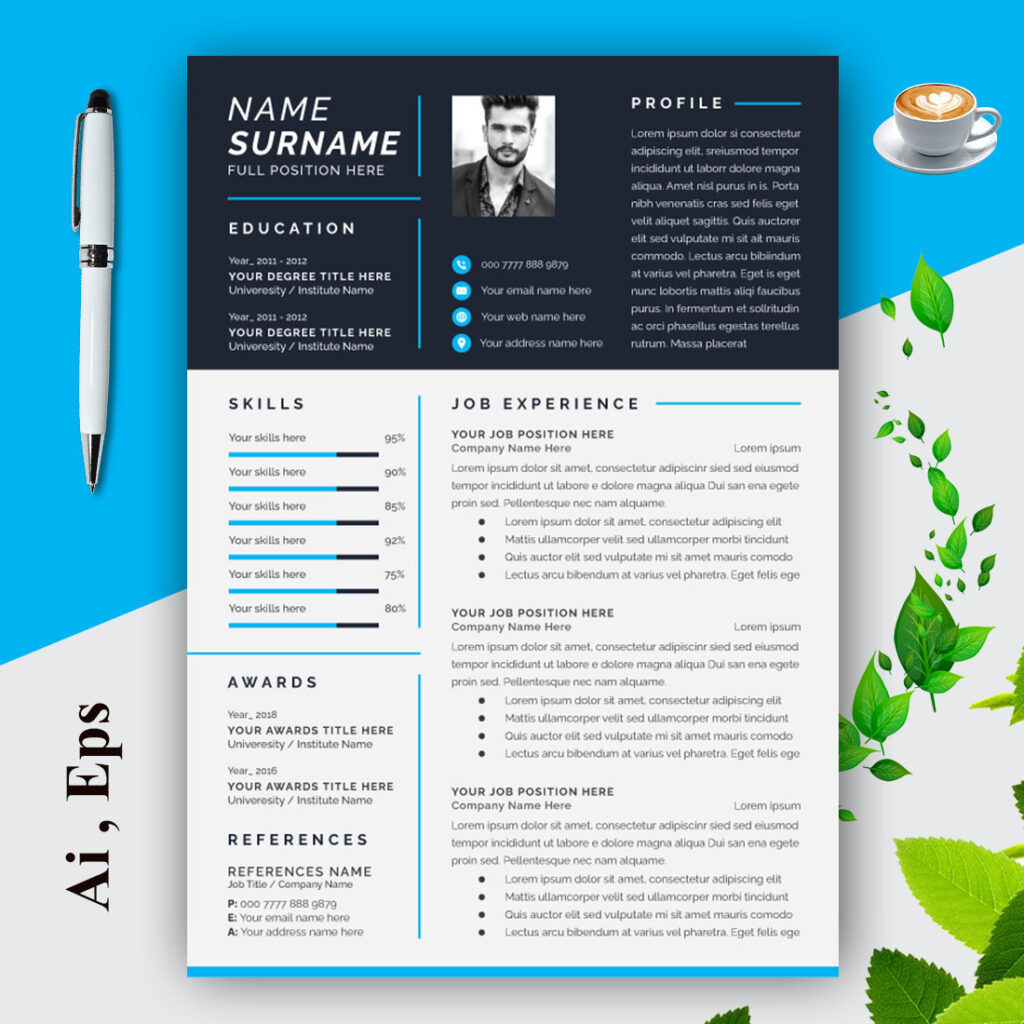 Modern Professional Resume Design Template with Blue Color - MasterBundles