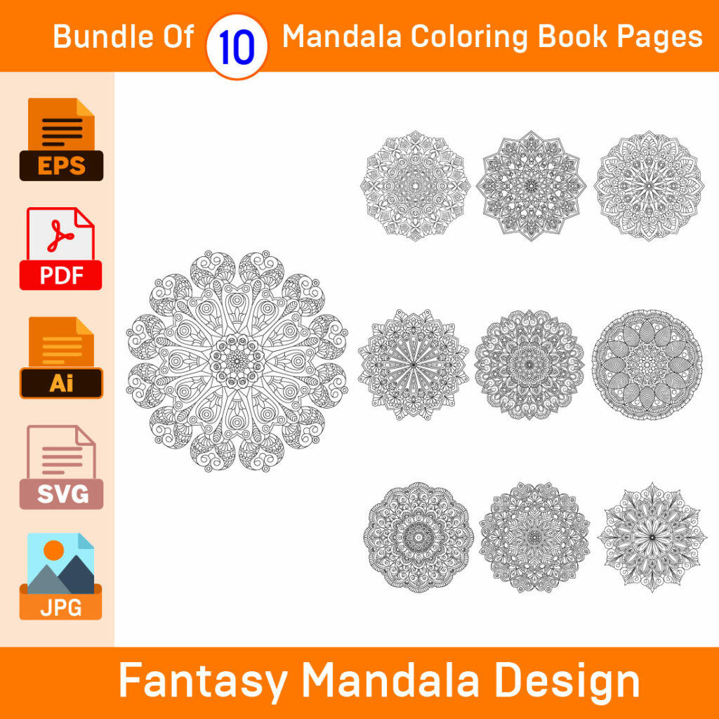 Bundle of 10 Fantasy Mandala for KDP Coloring Book interior Pages ...