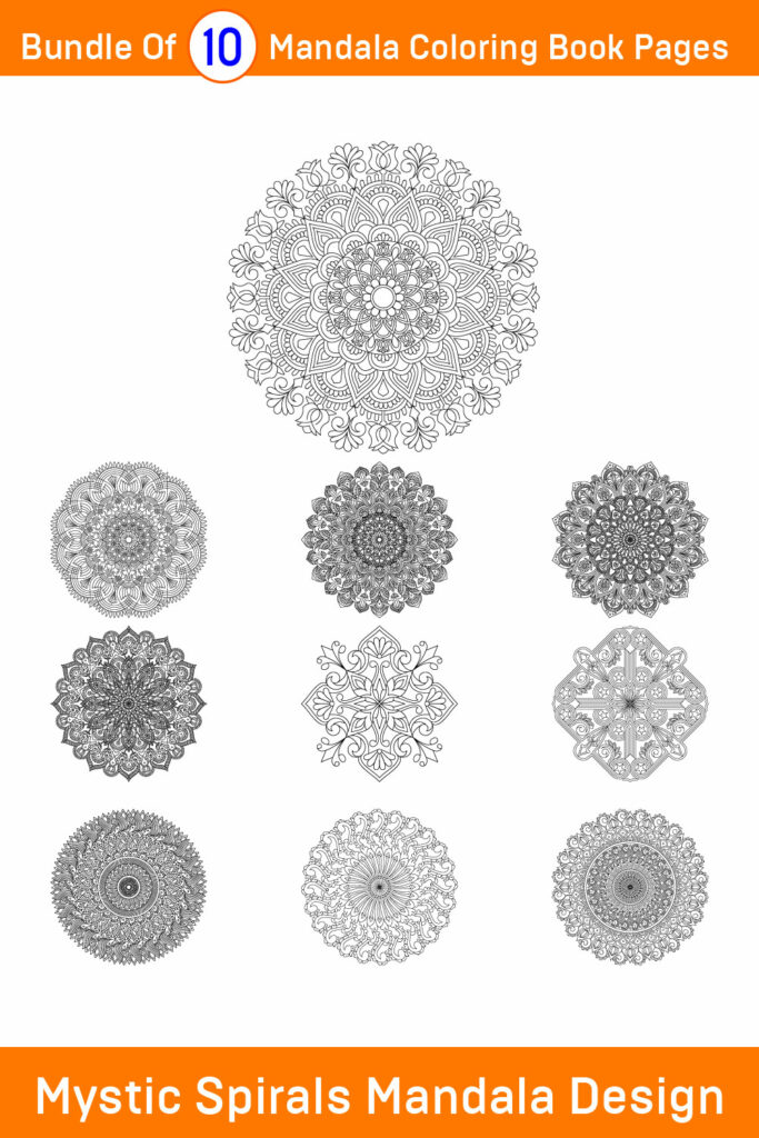 Bundle of 10 Mystic Spirals Mandala Coloring Book Pages - MasterBundles