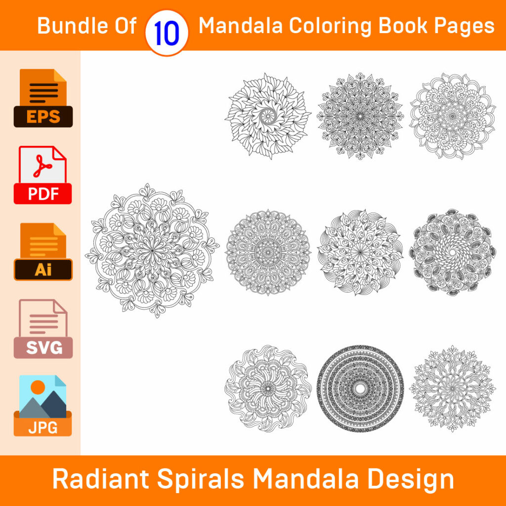 Bundle of 10 Radiant Spirals Mandala Coloring Book Pages - MasterBundles