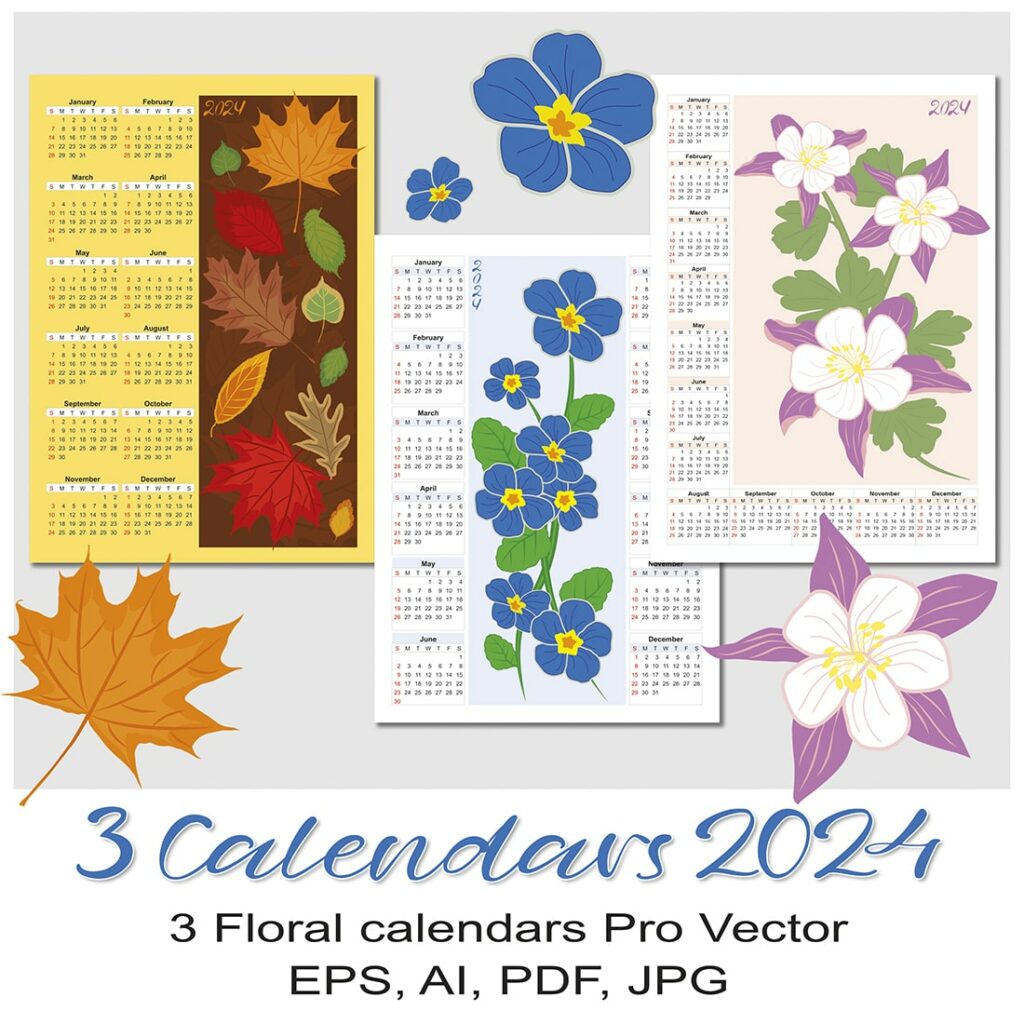 3 Wall Vector Floral Calendars_2024_vertical - MasterBundles