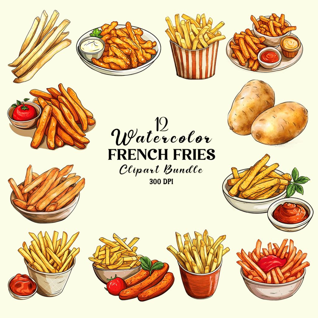 Watercolor French Fries Clipart Bundle - MasterBundles
