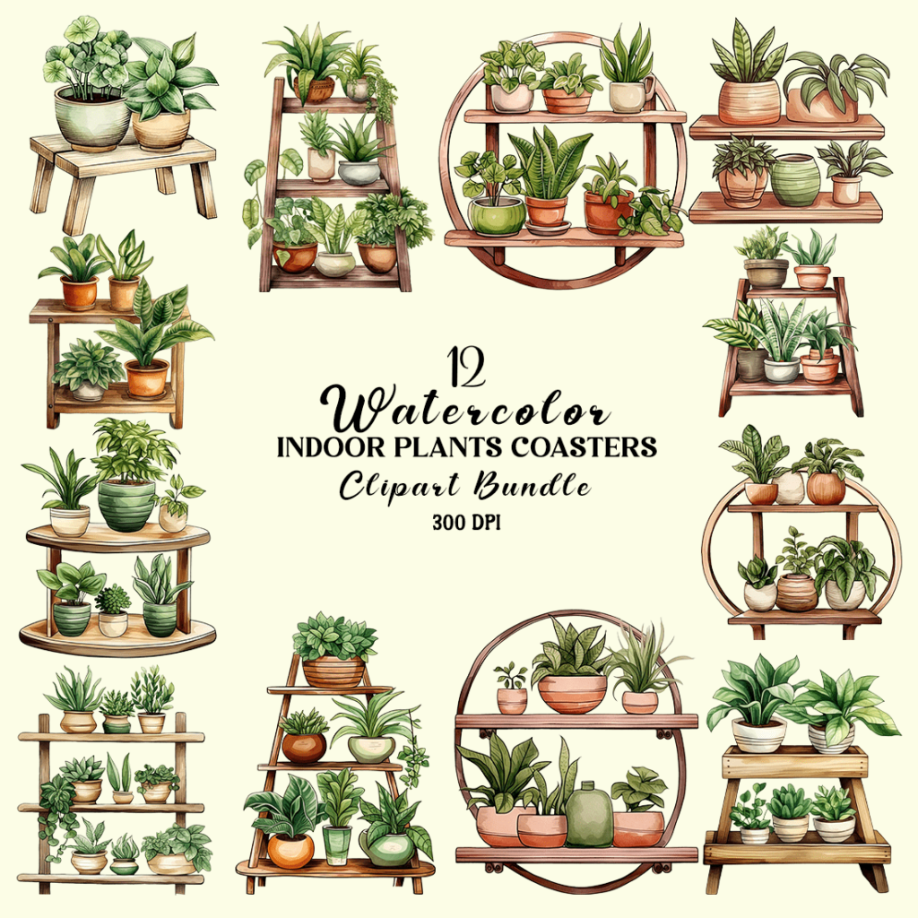Watercolor Indoor Plants Coasters Clipart Bundle - MasterBundles