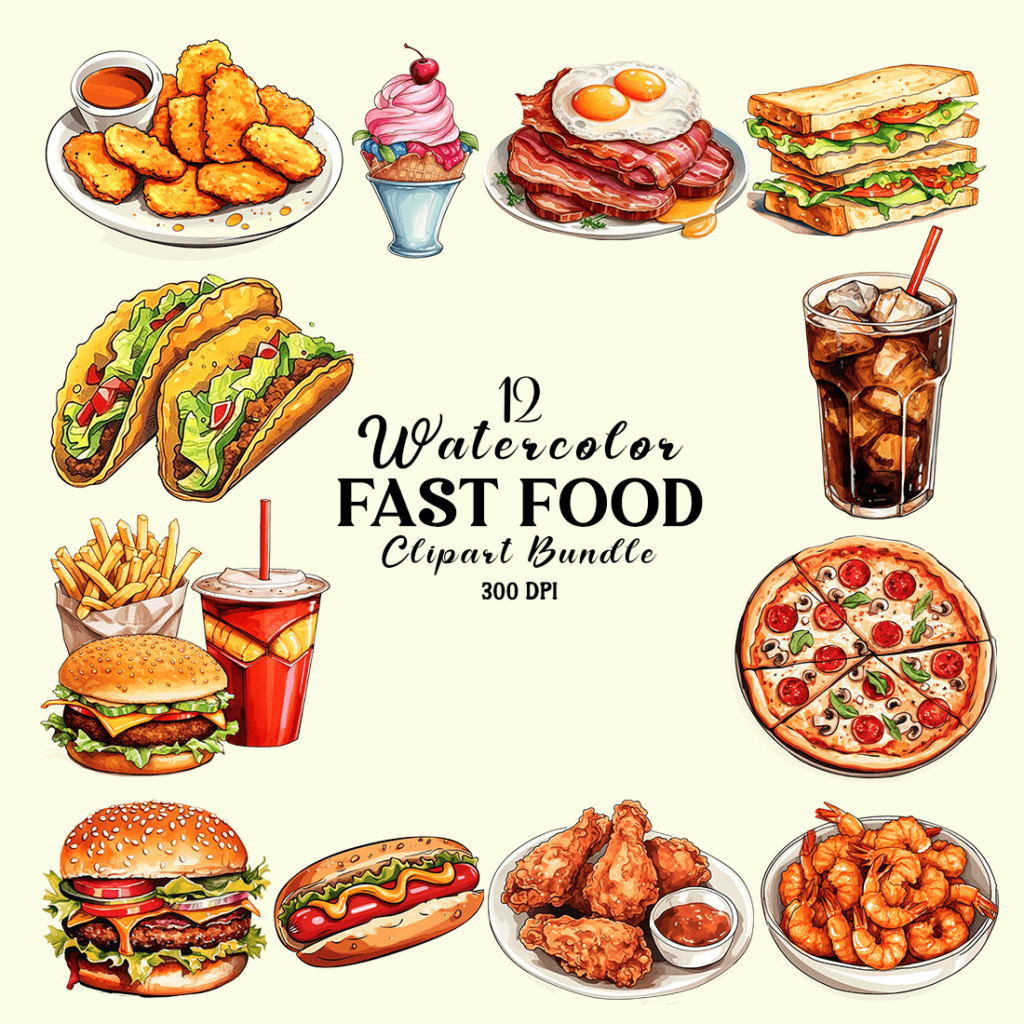 Watercolor Fast Food Clipart Bundle - MasterBundles