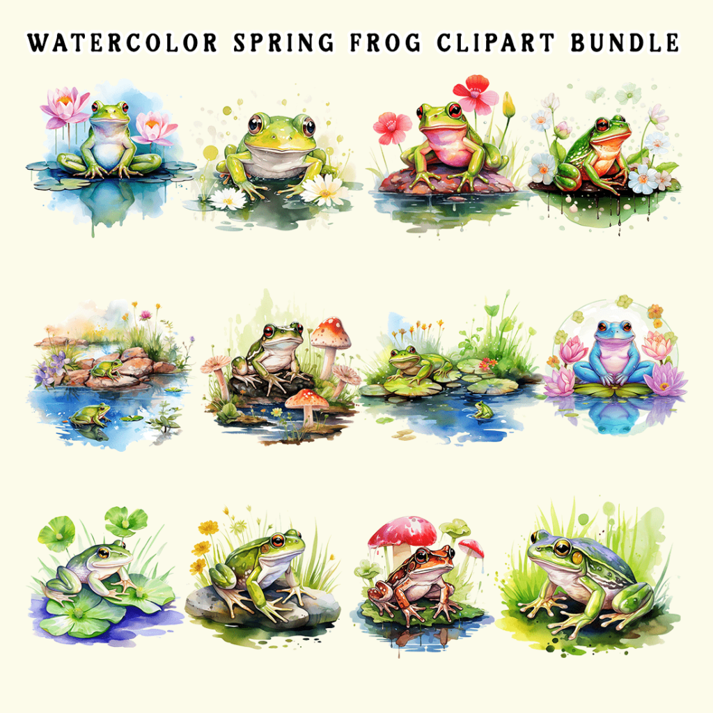 Watercolor Spring Frog Clipart Bundle - MasterBundles