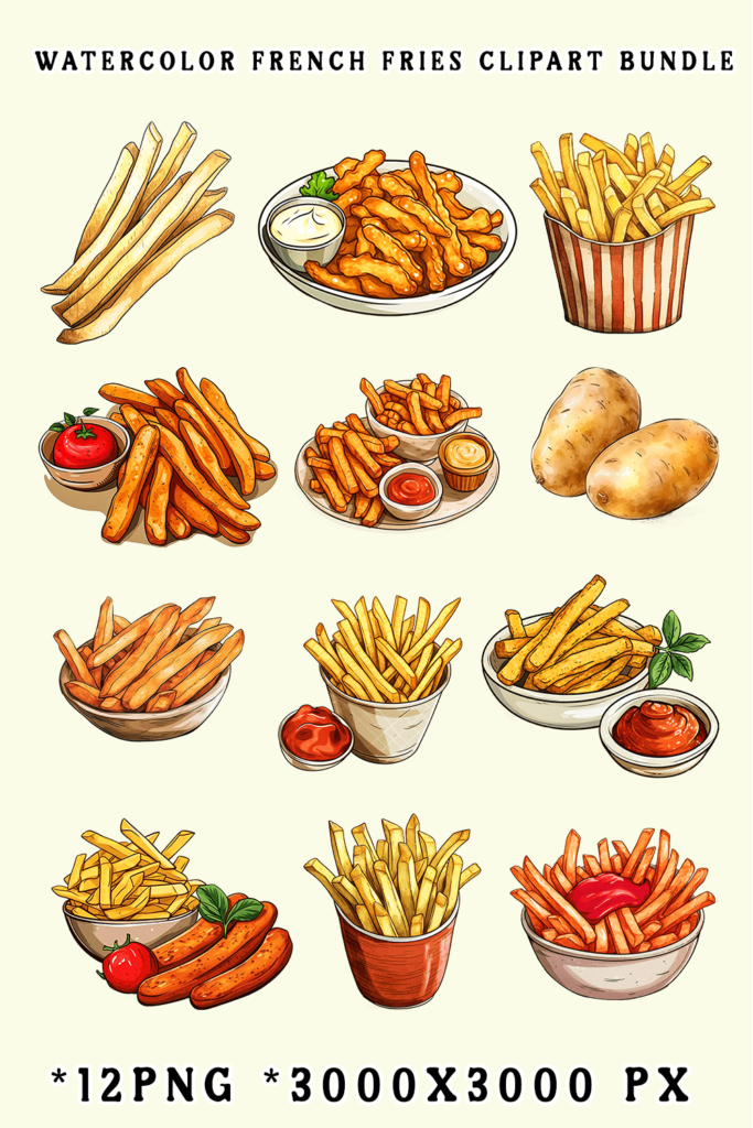 Watercolor French Fries Clipart Bundle - MasterBundles