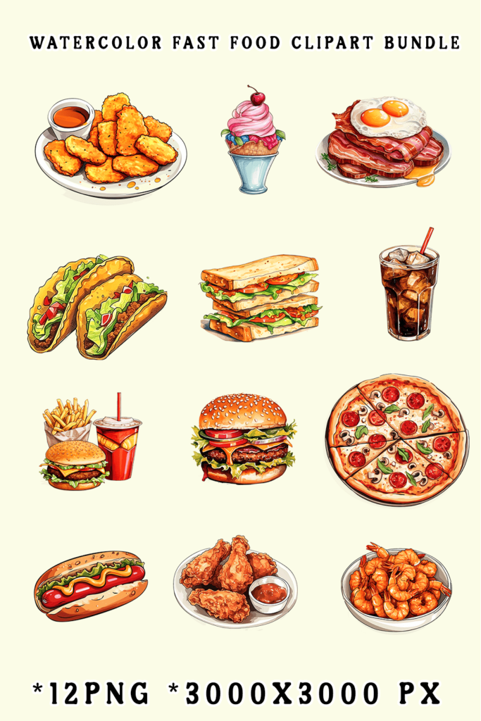 Watercolor Fast Food Clipart Bundle - MasterBundles
