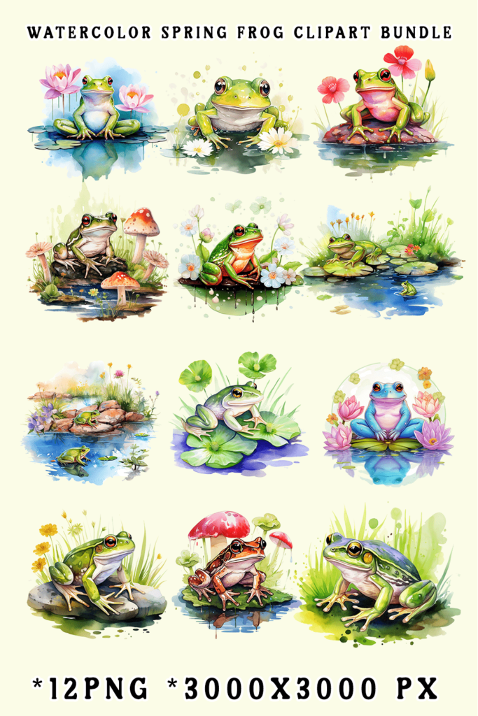 Watercolor Spring Frog Clipart Bundle - MasterBundles