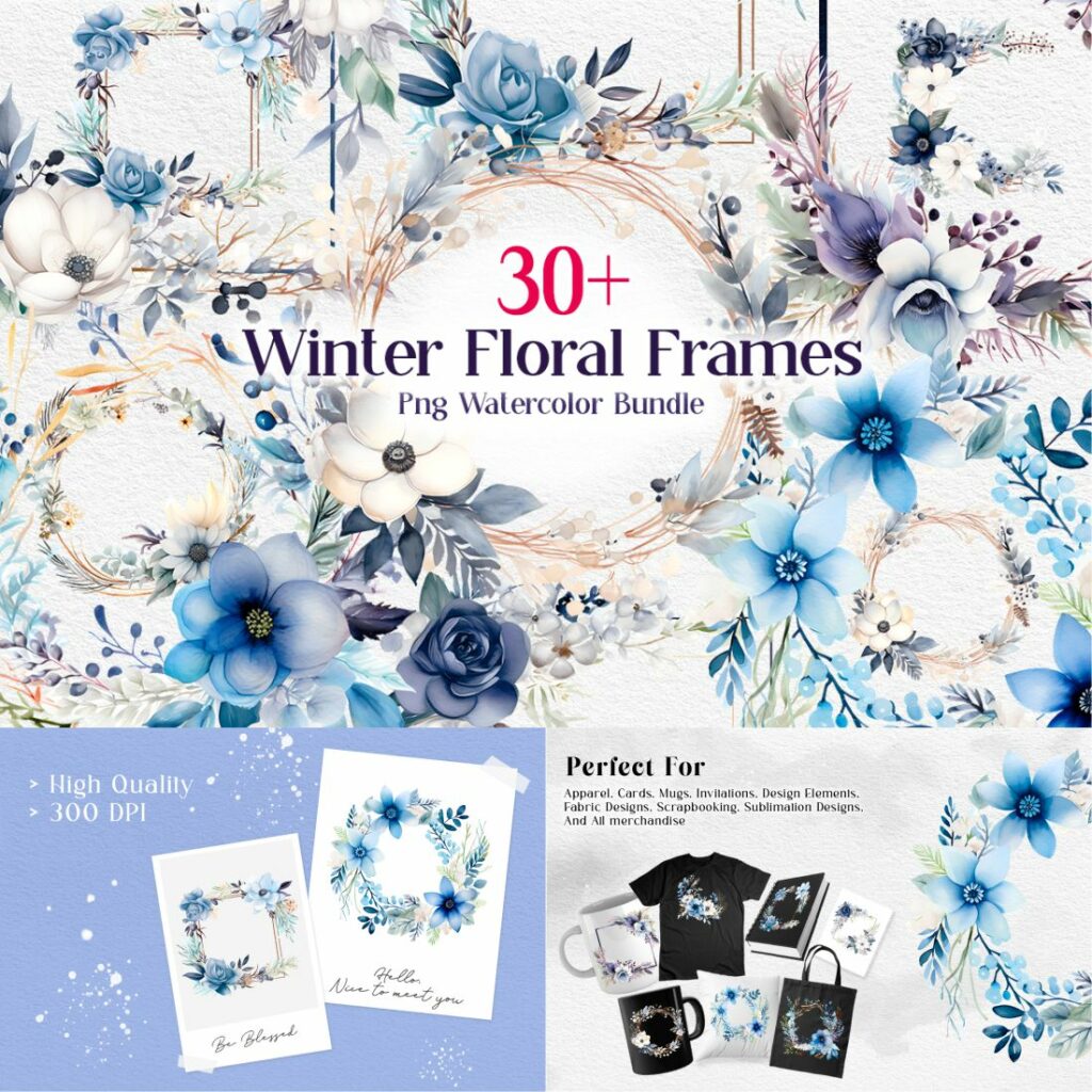 Winter Floral Frames Sublimation Clipart PNG Bundle - MasterBundles