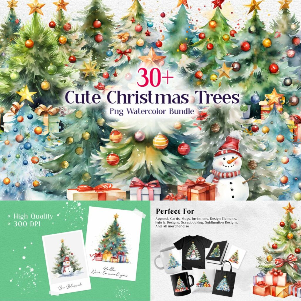 Watercolor Christmas Trees Clipart PNG Bundle - MasterBundles