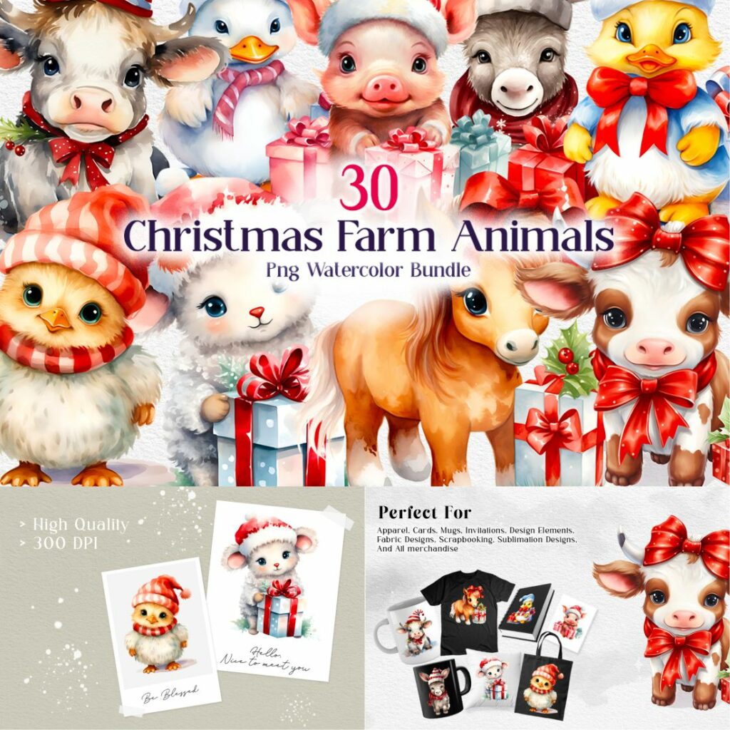 Christmas Farm Animals Sublimation, Watercolor Christmas Animal Clipart ...