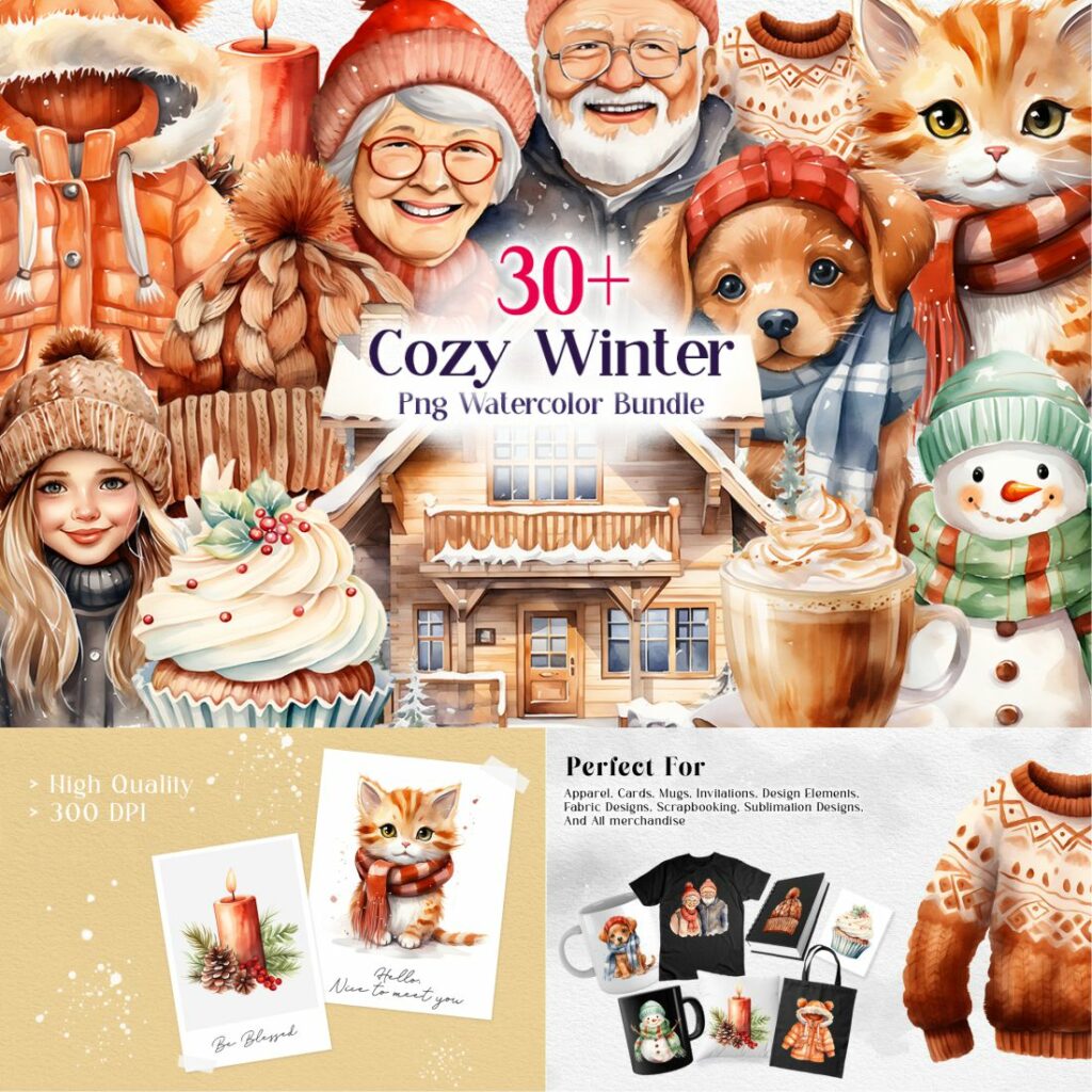 Cozy Winter Sublimation PNG, Cozy Winter Watercolor Clipart - MasterBundles