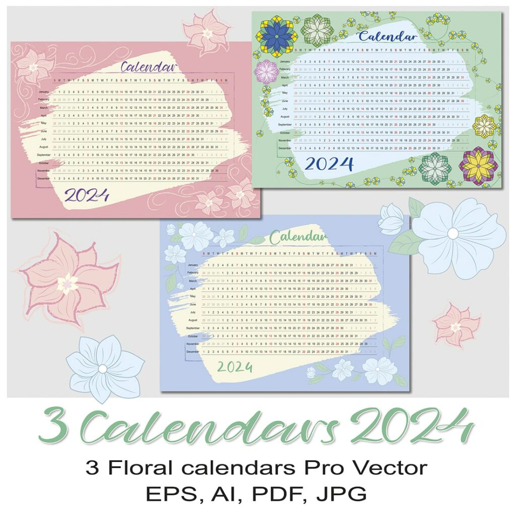 3 Vector Wall Floral Calendars_2024_horizontal - MasterBundles