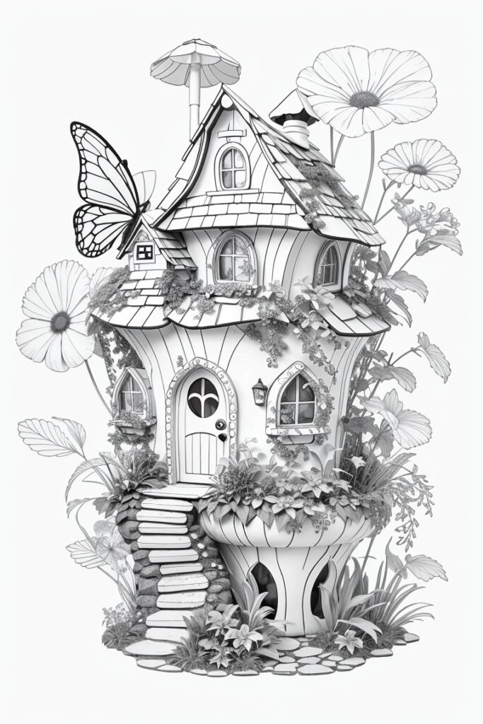 30 Fairy house printable coloring pages for adults - MasterBundles