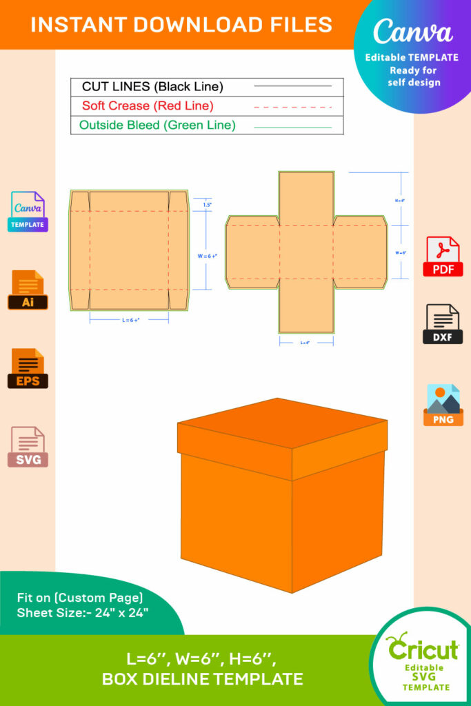 Gift Box, Box With Lid, Dieline Template, SVG, EPS, PDF, DXF, Ai, PNG ...