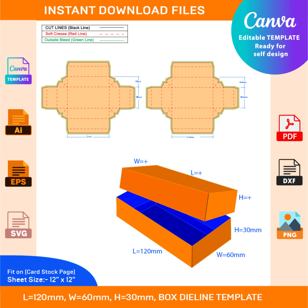 Gift Box Template, Rectangle Box Dieline Template, AI, EPS, DXF, SVG ...