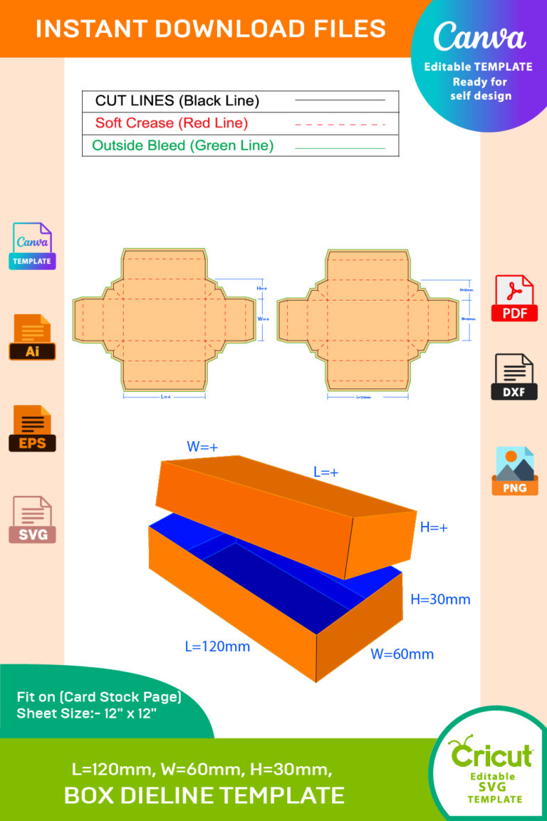 Gift Box Template, Rectangle Box Dieline Template, AI, EPS, DXF, SVG ...