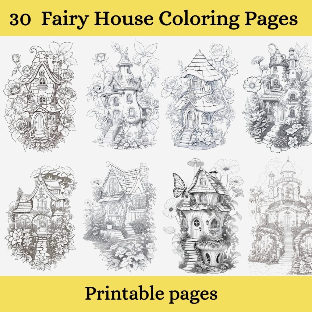 30 Fairy house printable coloring pages for adults - MasterBundles