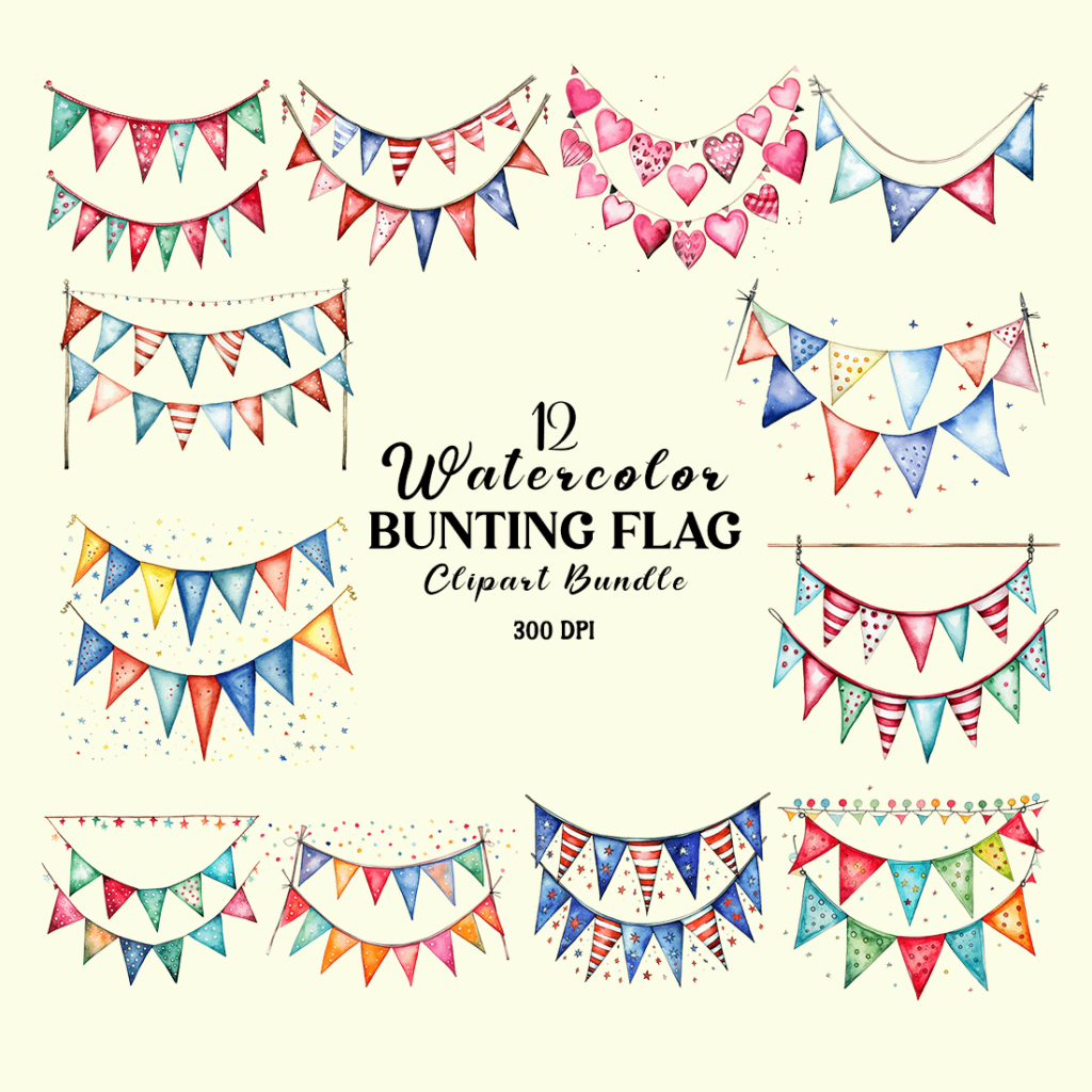 Watercolor Bunting Flag Clipart Bundle - MasterBundles